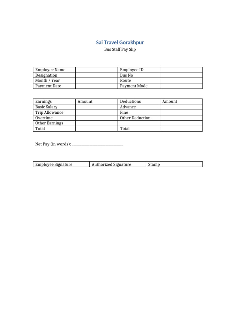 Gorakhpur Bus Staff Pay Slip Template | PDF