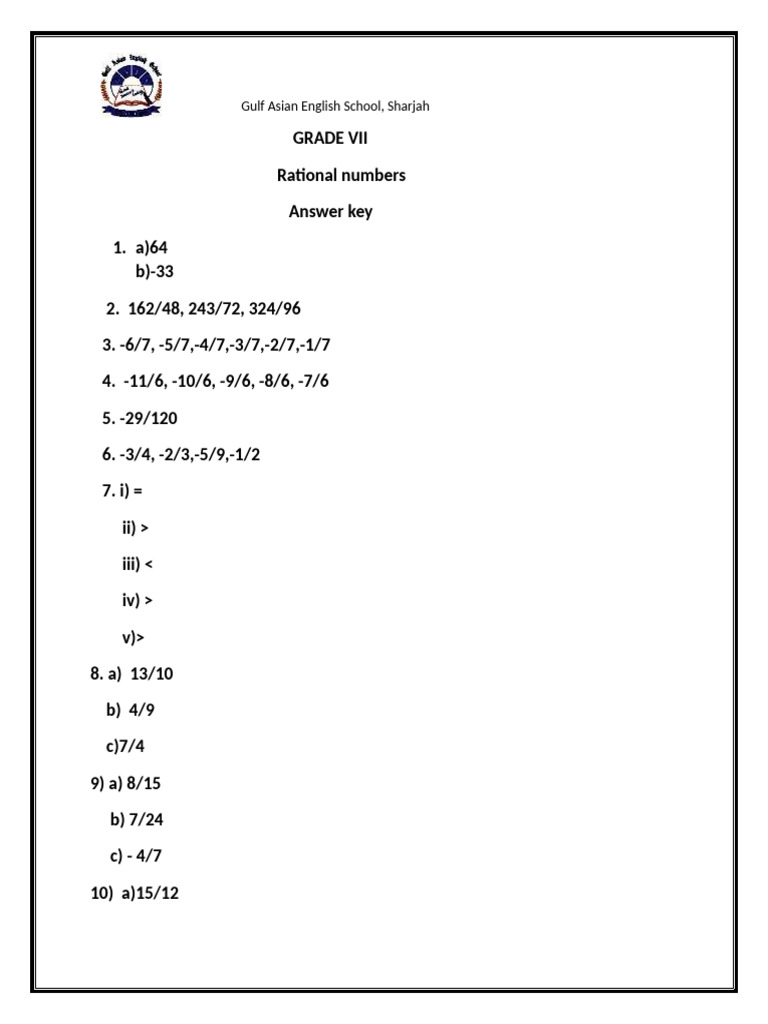 Rational Numbers Worksheet Answer Key | PDF