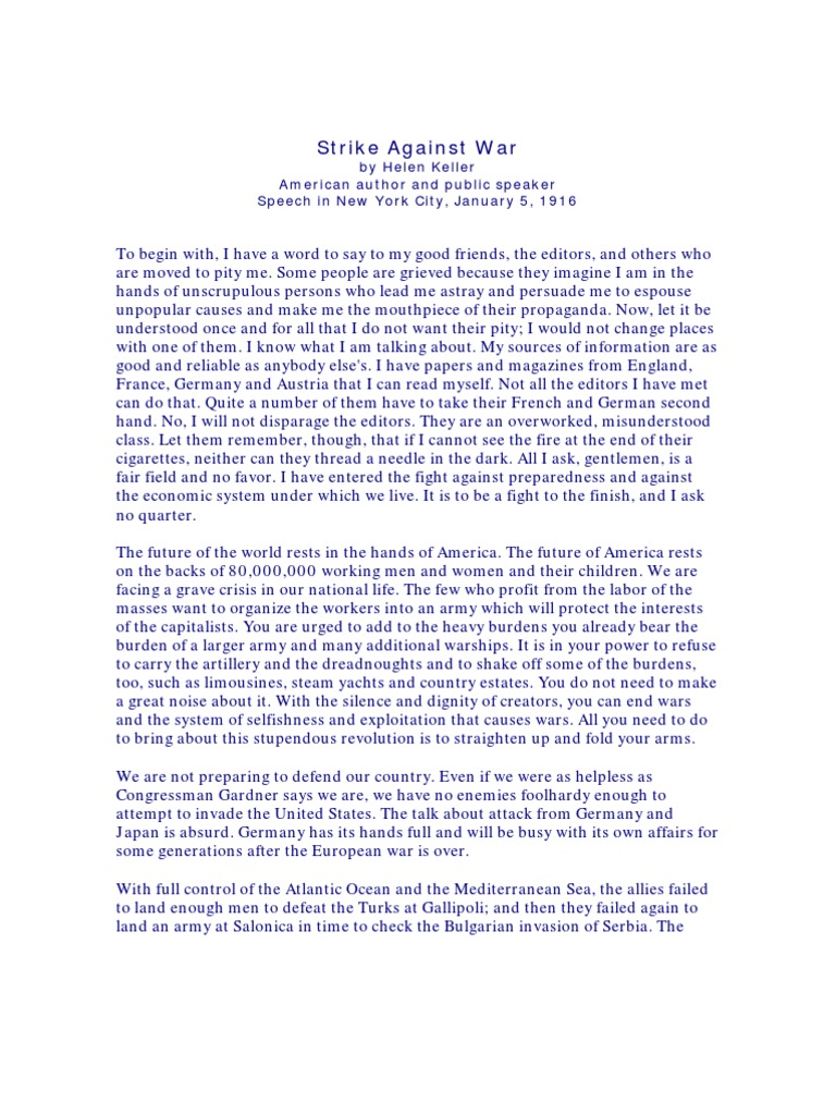 Helen Keller's Anti-War Speech 1916 | PDF | The United States ...