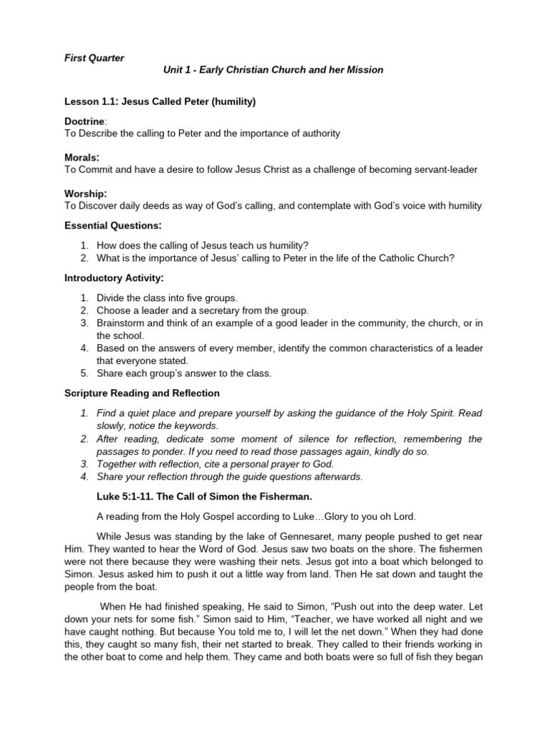 RELIGION 9 - Unit 1-Lesson 1 - Jesus Called Peter | PDF | Saint Peter ...