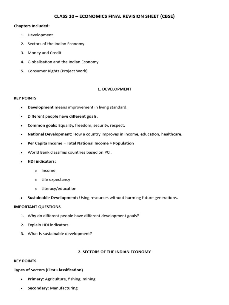 CLASS 10 Economic Complete Revision Sheet | PDF | Money | Economy Of India