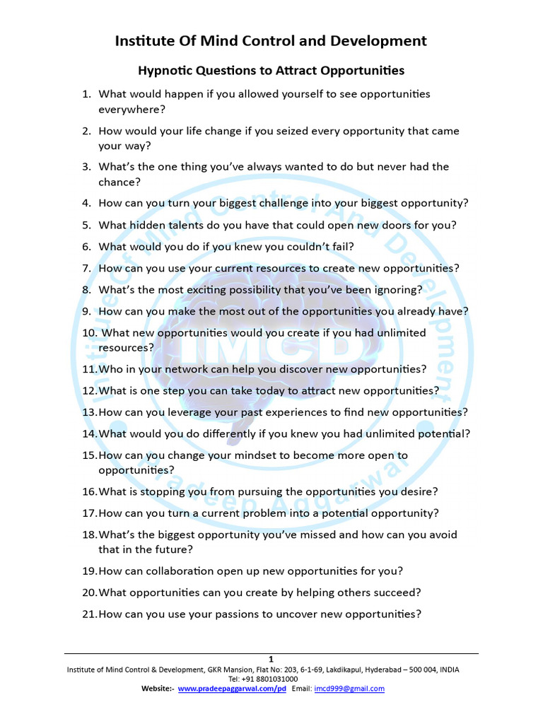 Hypnotic Questions to Attract Opportunities 100 | PDF | Social ...