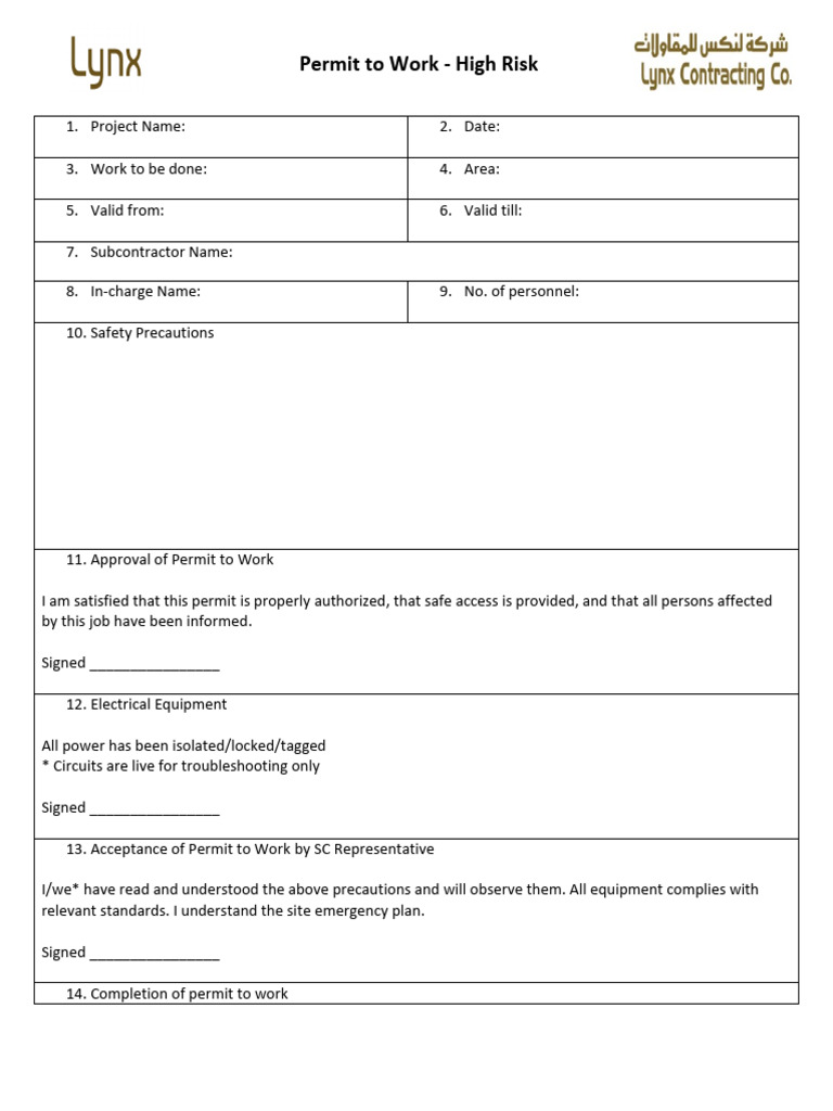 High Risk Work Permit Template | PDF