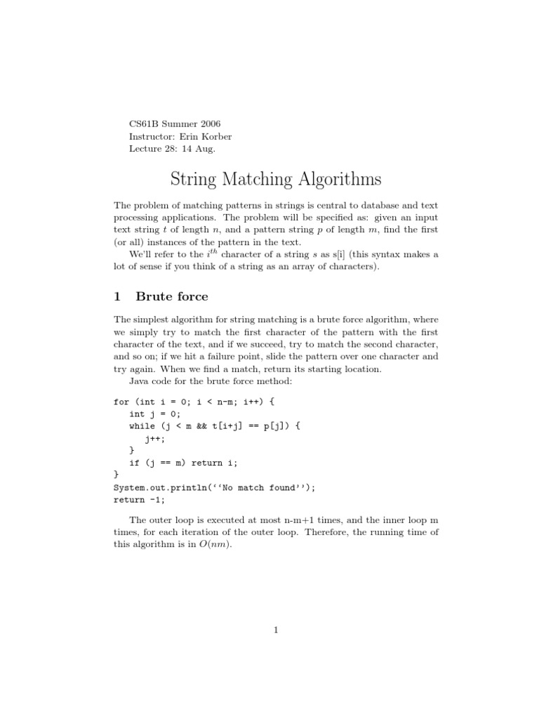 String Matching Algorithms: 1 Brute Force | PDF | Formalism (Deductive) | Computer Engineering
