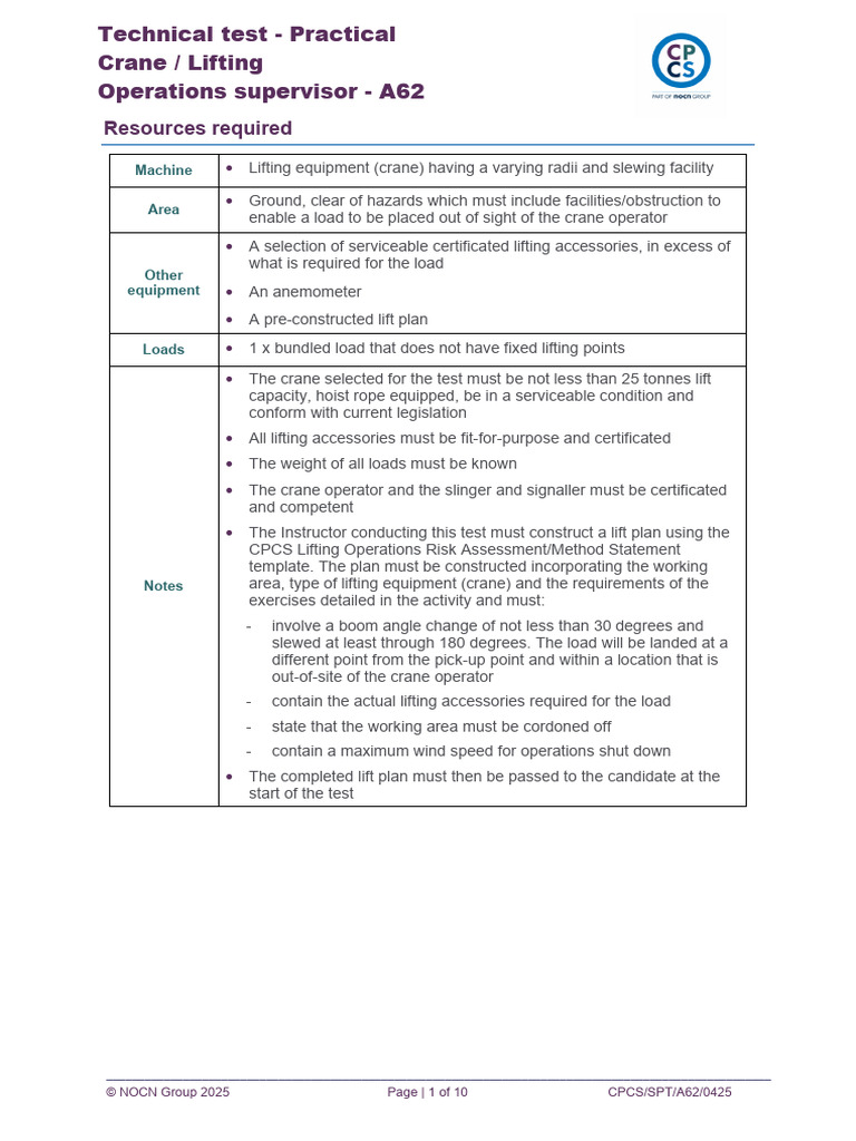 CPCSSPTA620425 A62 Standard Practical Test | PDF | Crane (Machine ...