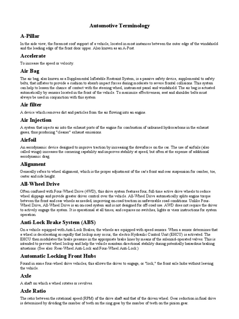 Automotive Terminology Glossary | PDF | Internal Combustion Engine | Brake