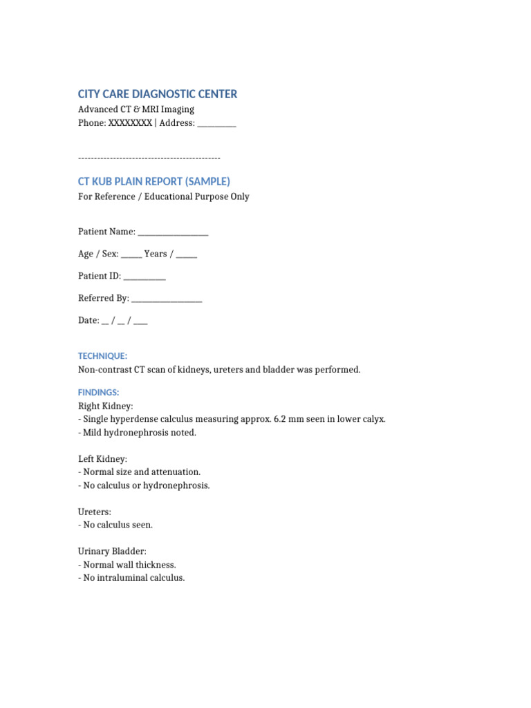 CT KUB Report Kidney Stone SAMPLE | PDF