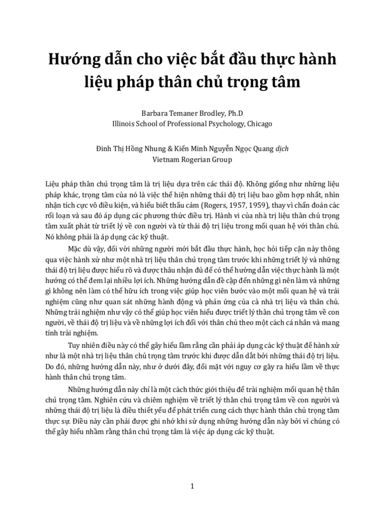 Brodley 1991 Hướng Dẫn Cho Việc Bắt Đầu Thực Thành Trị Liệu Thân Chủ ...