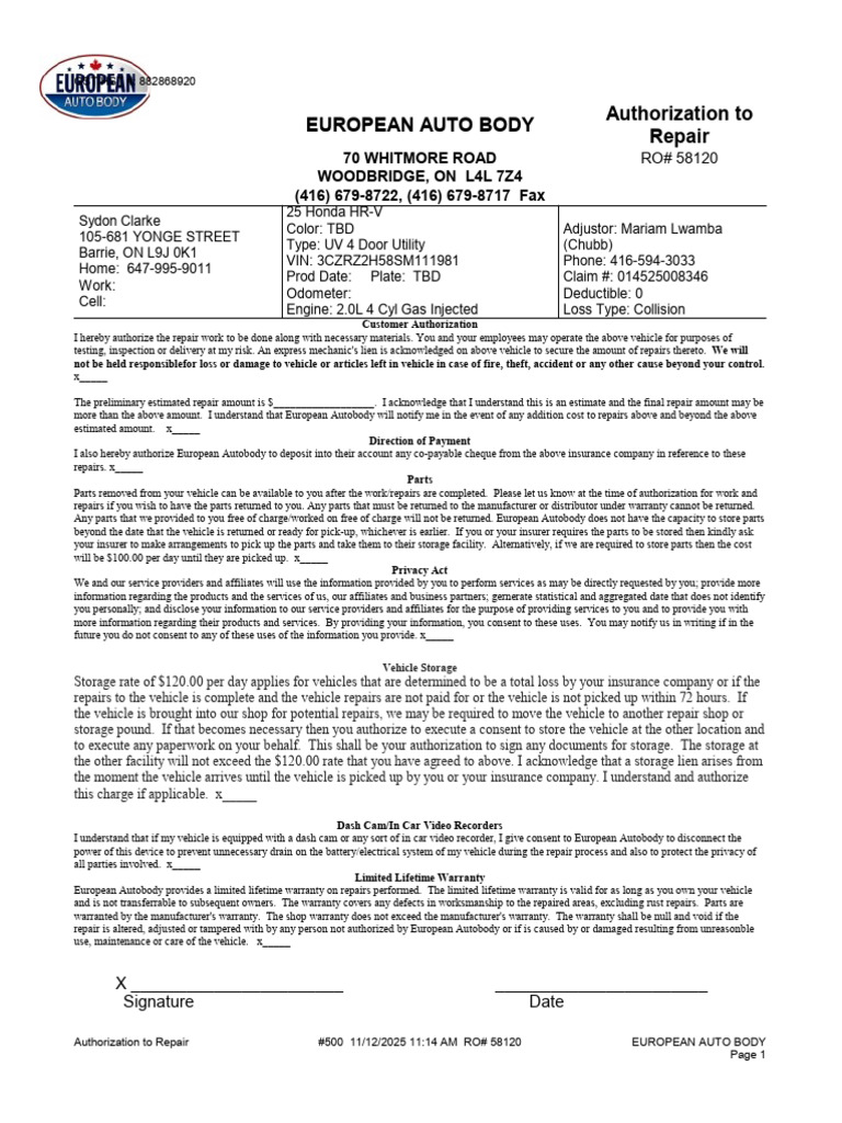European Auto Body Repair Authorization | PDF | Insurance | Vehicles