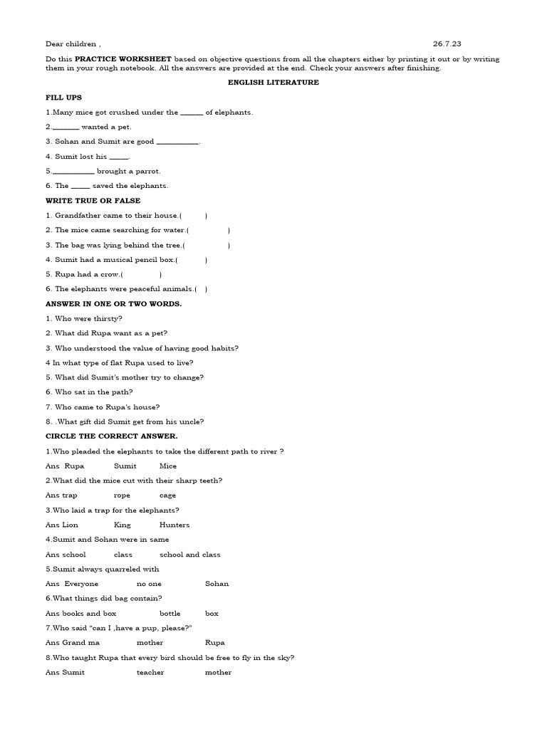 English Literature Practice Worksheet | PDF