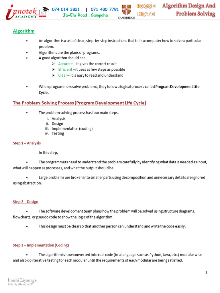 Note Lesson 7 - Algorithem Designing and Problem Solving | PDF ...