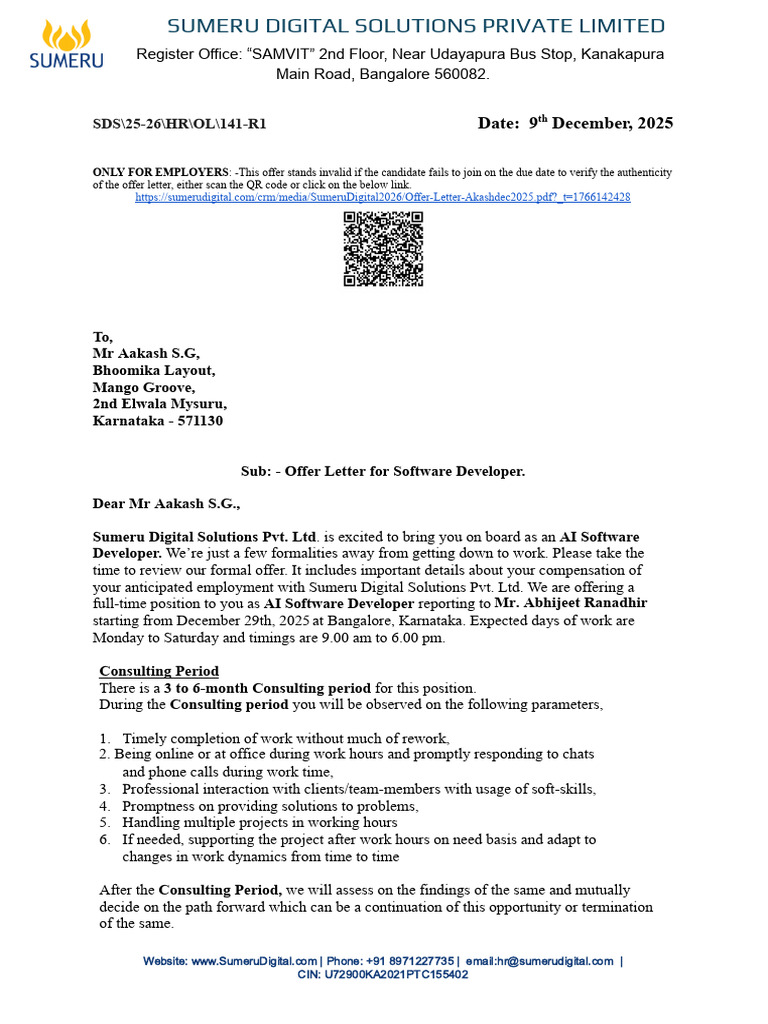 Offer Letter for AI Software Developer | PDF | Business