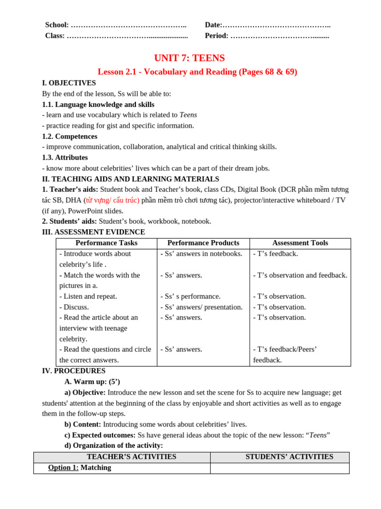 Unit 7 - Lesson 2.1 - Vocab & Reading - Pages 68 & 69 | PDF ...