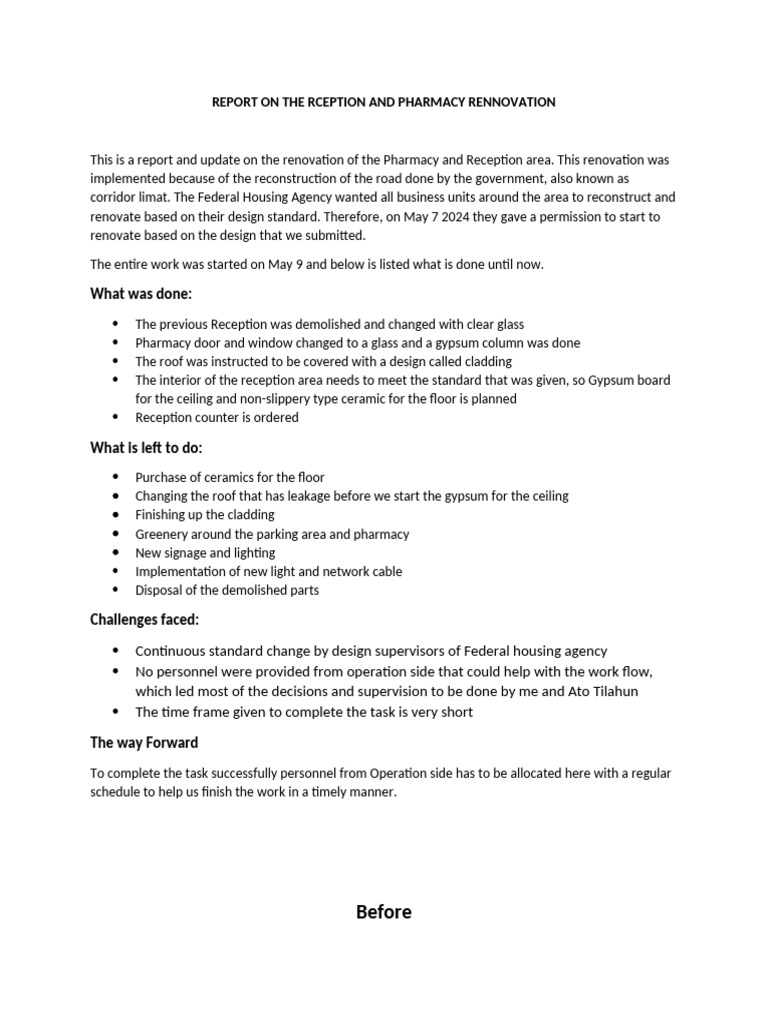 Report On The Rception and Pharmacy Rennovation | PDF