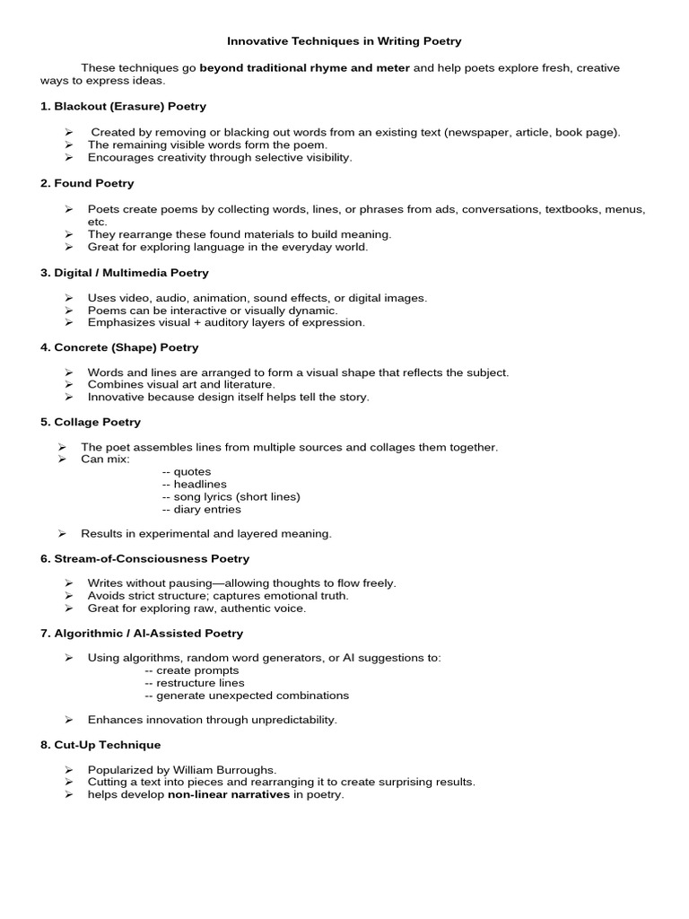Innovative Techniques in Writing Poetry | PDF | Poetry | Human ...