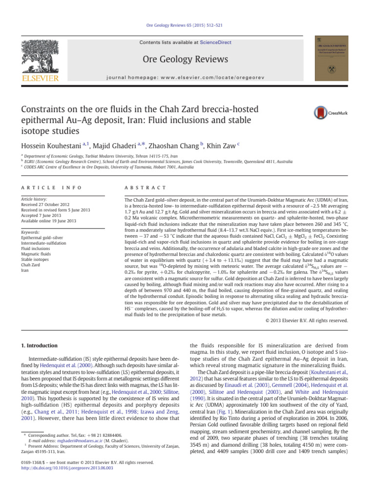 Kouhestani, Et Al.2015 Chah Zard Breccia-Hosted Epithermal Au-Ag ...