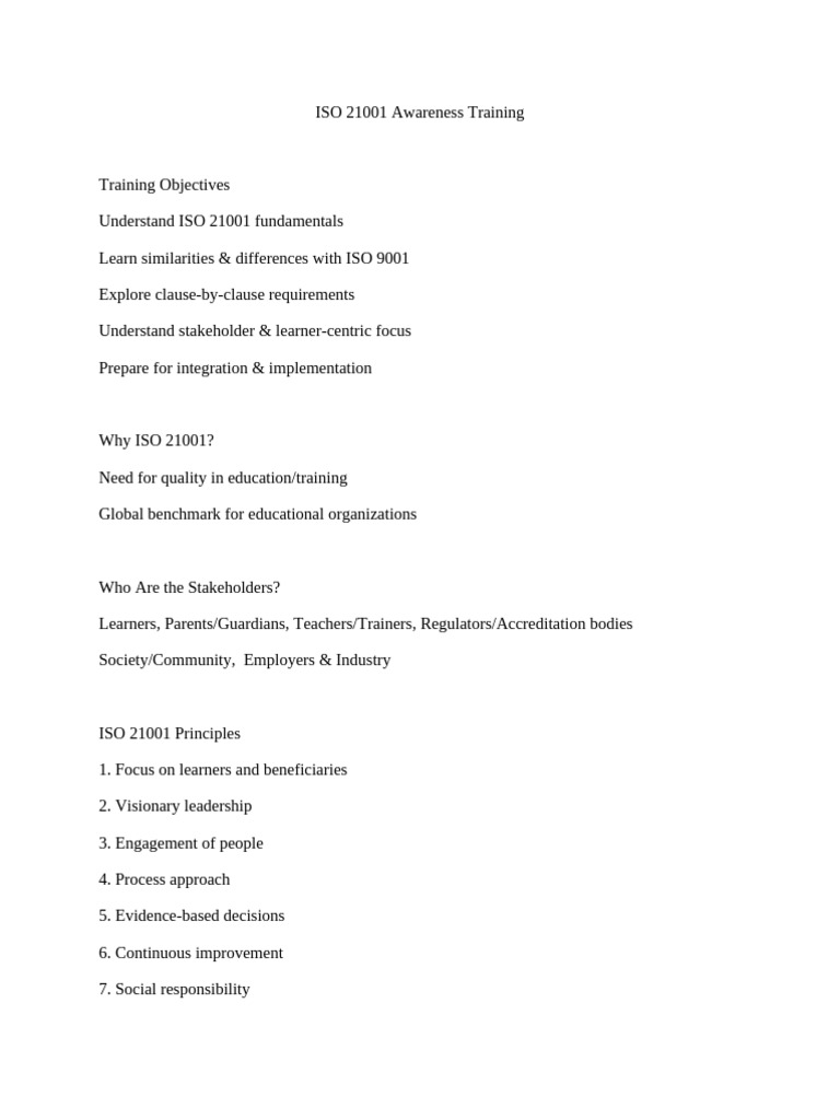 ISO 21001 Awareness Training | PDF | Internal Audit | Leadership