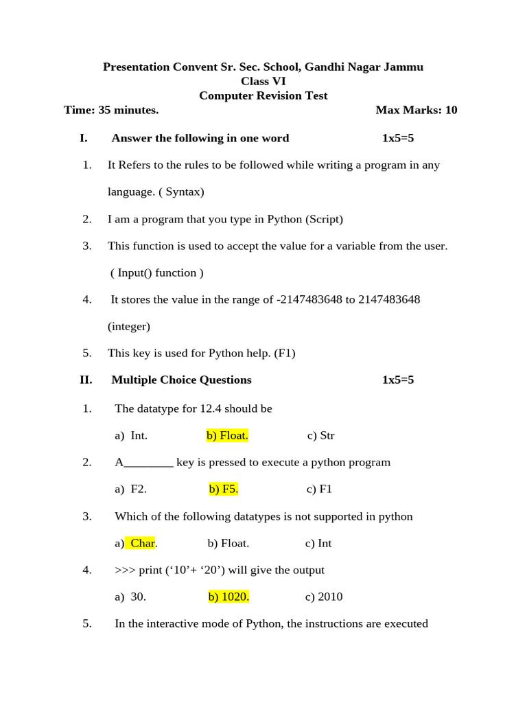 Class VI Computer Revision Test Guide | PDF