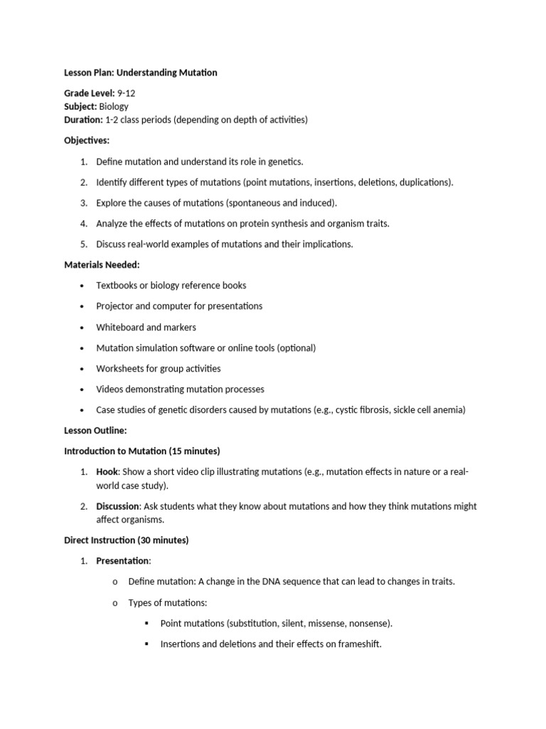 Lesson Plan: Exploring DNA Mutations | PDF | Dna Replication | Biosynthesis