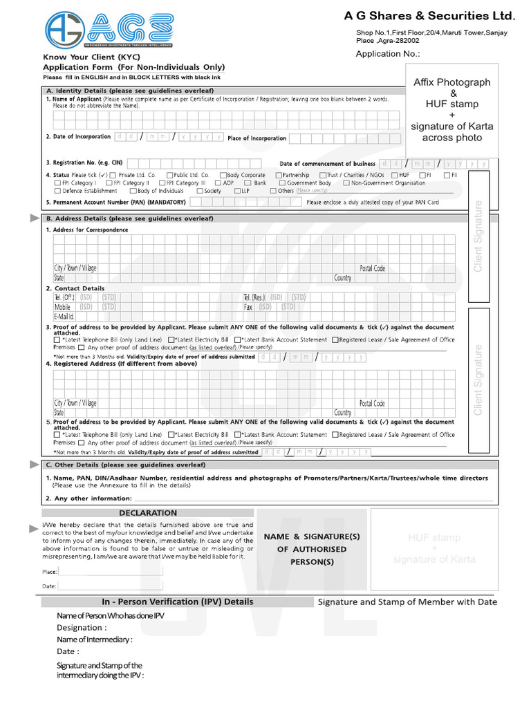 HUF Non Individual Account Opening Form | PDF