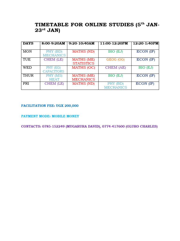 Online Study Timetable: Jan 5-23 | PDF