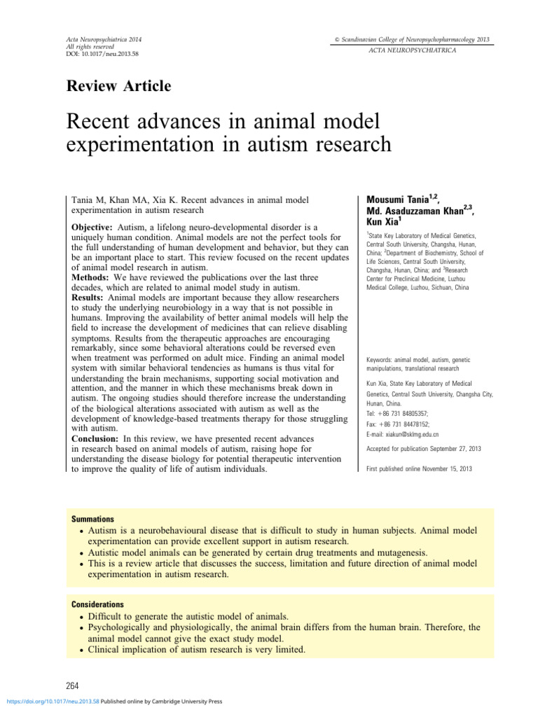 Recent Advances in Animal Model Experimentation in Autism Research ...