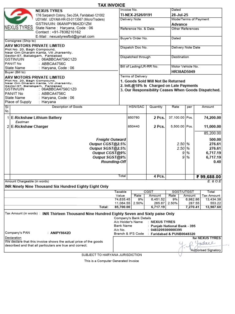Nexus Tyres Tax Invoice for ARV Motors | PDF