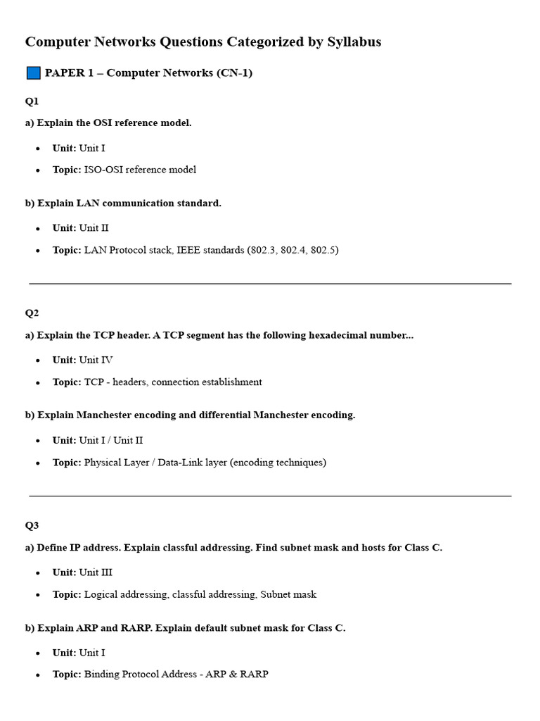 Computer Networks Questions Categorized by Syllabus | PDF | Internet ...
