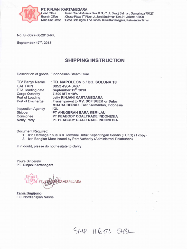 Shipping Instructions for Indonesian Coal | PDF