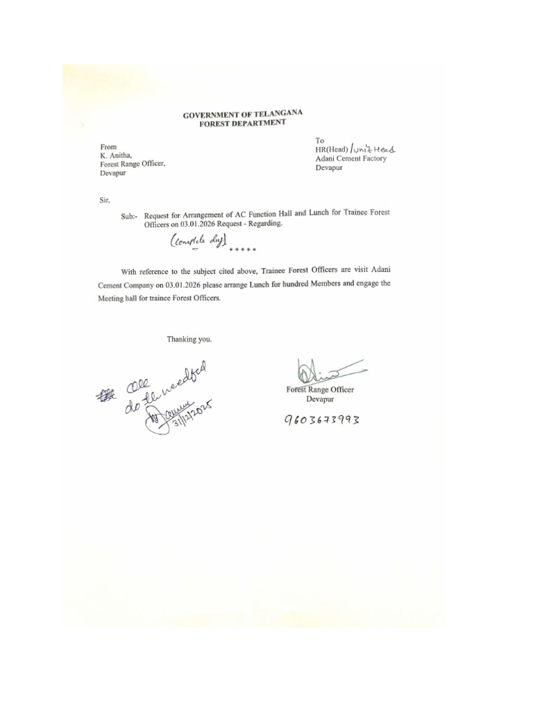 Request Letter From FRO, Devapur For Lunch Arrangement | PDF