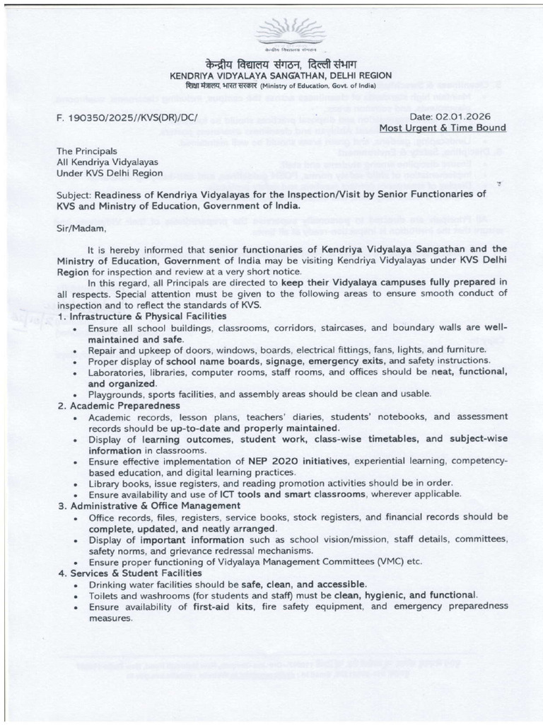 Readiness of KVs for the Inspection and Visit by Senior Functionaries ...