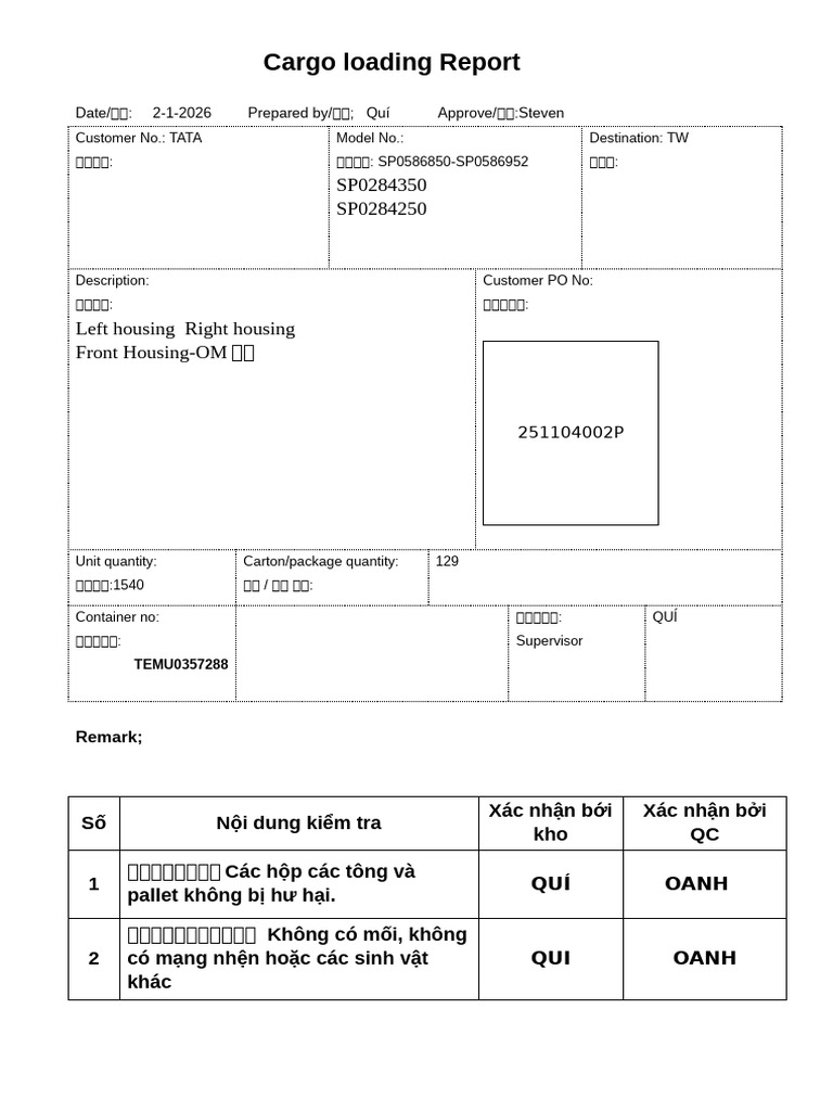 2 Cargo Loading Report Template1.. CONT NGÀY 02-01-2026 CONT 3 | PDF