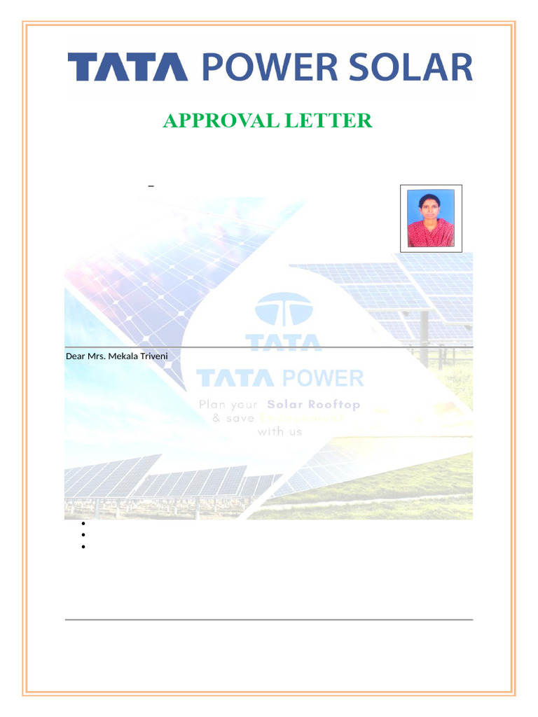 Mrs. Mekala Triveni Tata Power Solar Systems Dealership Approval Letter ...