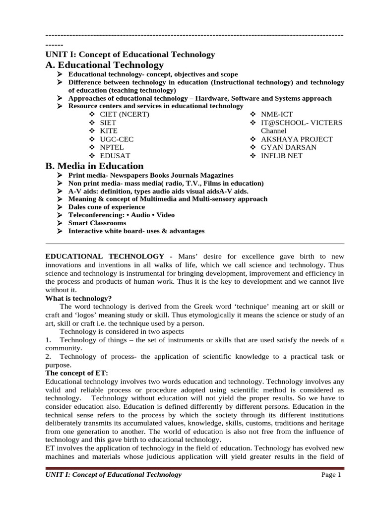 Educational Technology Unit I | PDF | Educational Technology | Mass Media