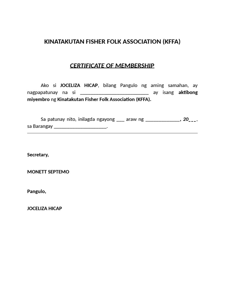 Kinatakutan Fisher Folk Association Certificate | PDF