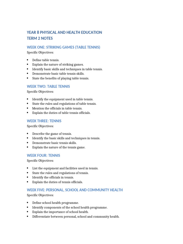 Year 8 PE & Health Term 2 Notes | PDF