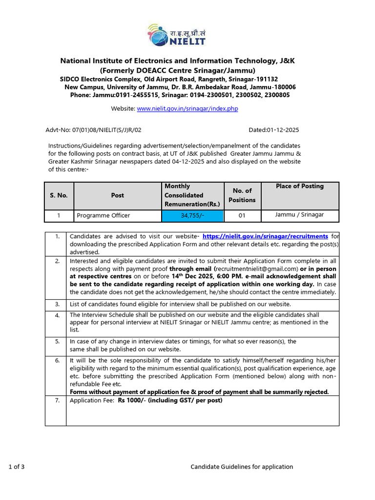 NIELIT J&K Candidate Application Guidelines | PDF