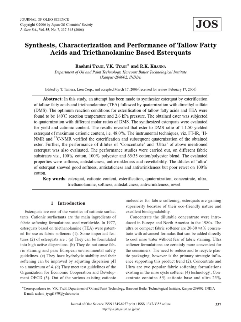 Synthesis Performance of Tallow Tree Ethanol Amine Esterquat | PDF ...
