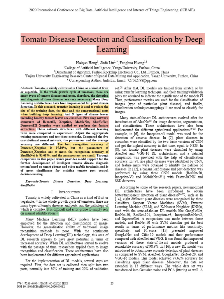 Tomato Disease Detection and Classification by Deep Learning | PDF