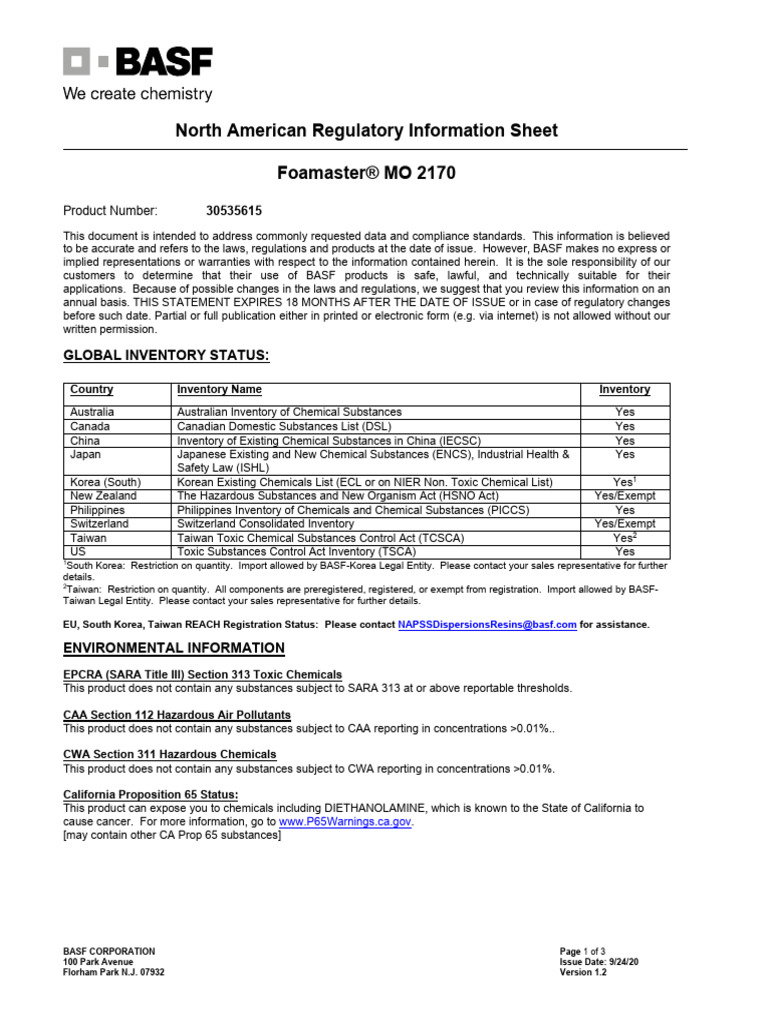 Foamaster MO 2170 NA Reg Info Sheet 30535615 v1.2 | PDF | Pollution ...
