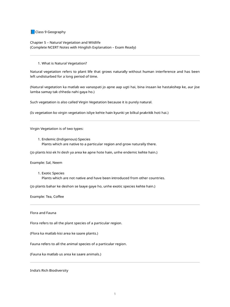 Class 9 Geography: Natural Vegetation & Wildlife | PDF | Forests | Trees