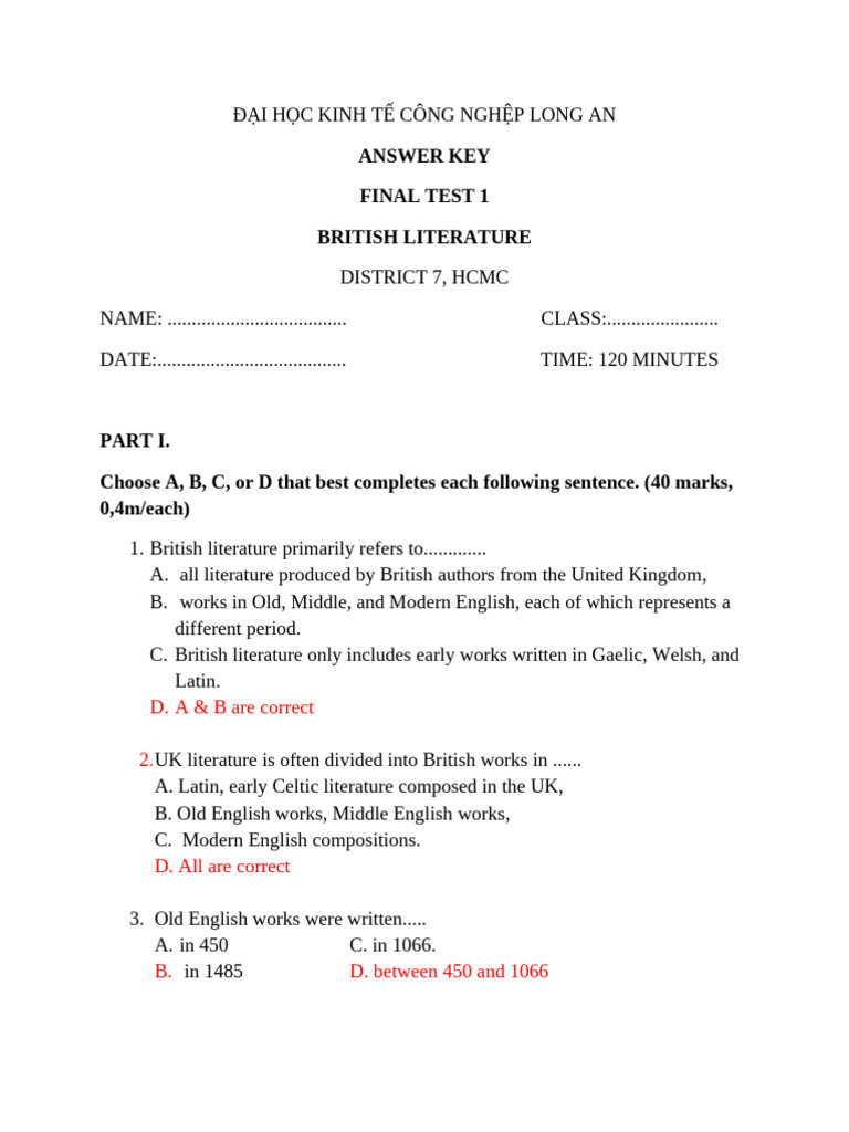 British Literature Final Test Answers | PDF | Can Can