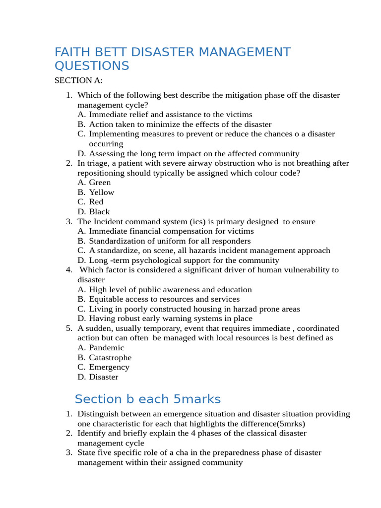 Faith Bett Disaster Management Questions | PDF | Emergency Management ...