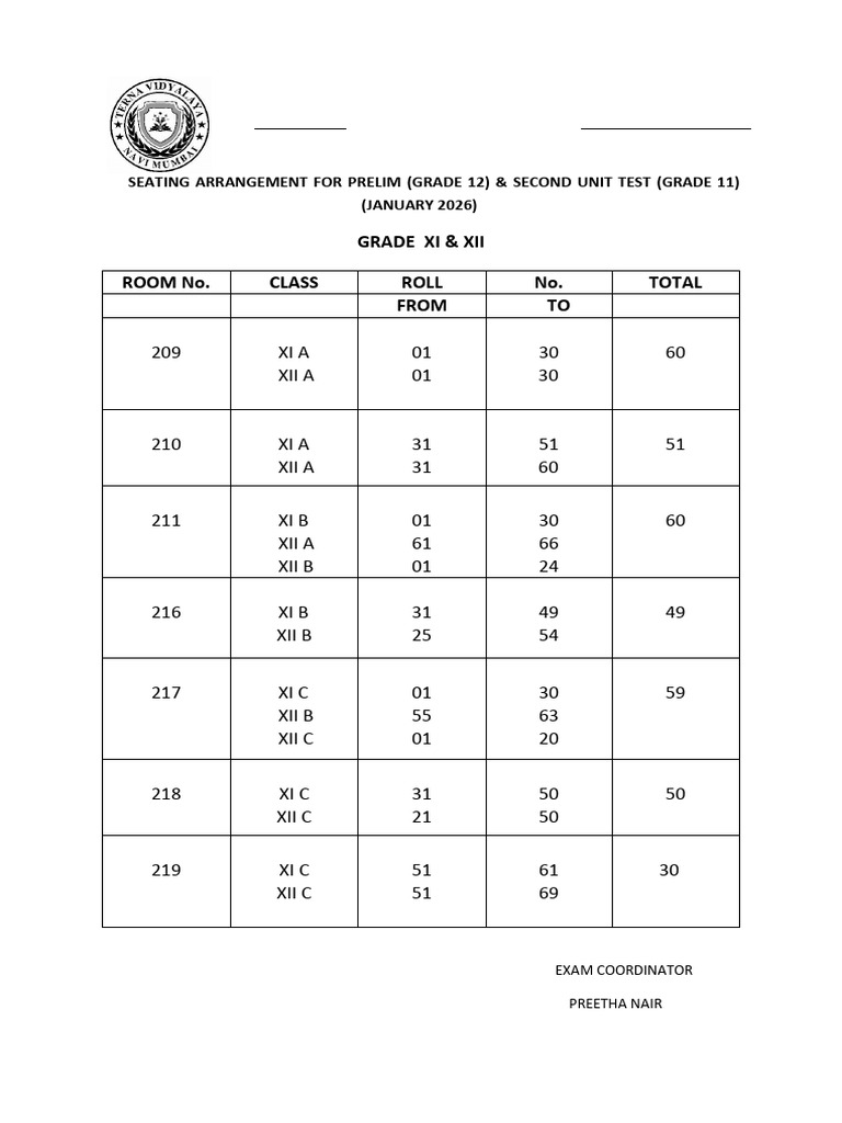 Seating Arrangement For Prelim &second Unit Test (Grade 11&12) 2026 | PDF
