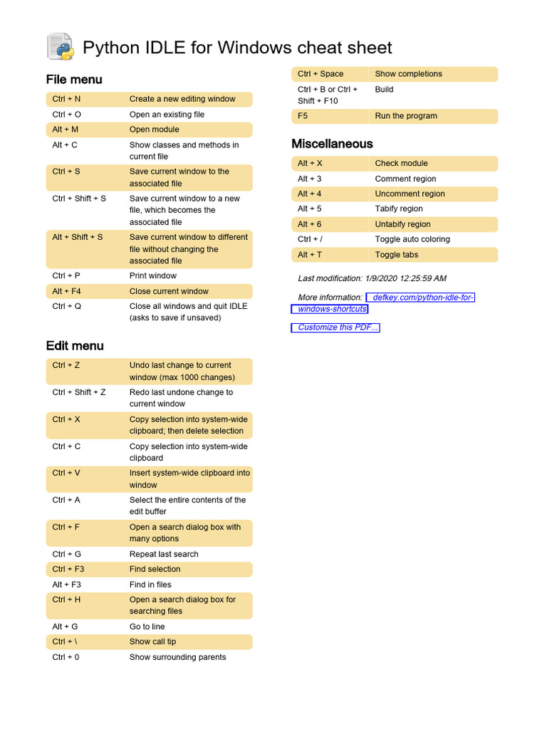 Python Idle for Windows Shortcuts | PDF | Software | Computing