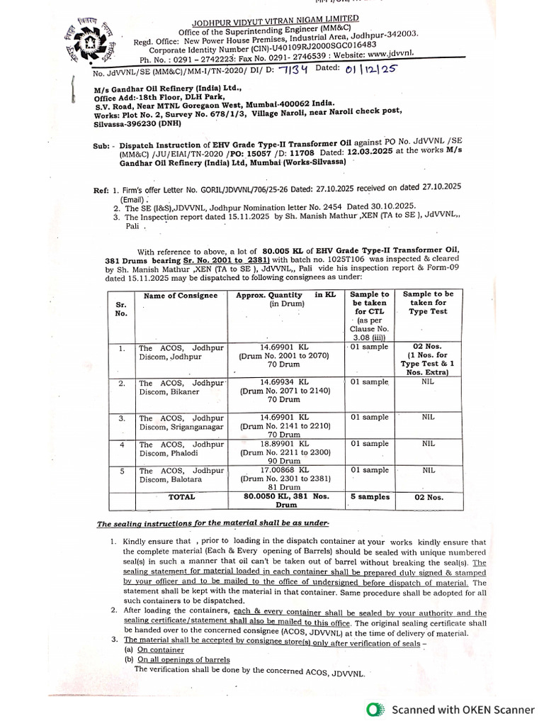Dispatch Instruction 6th Lot | PDF