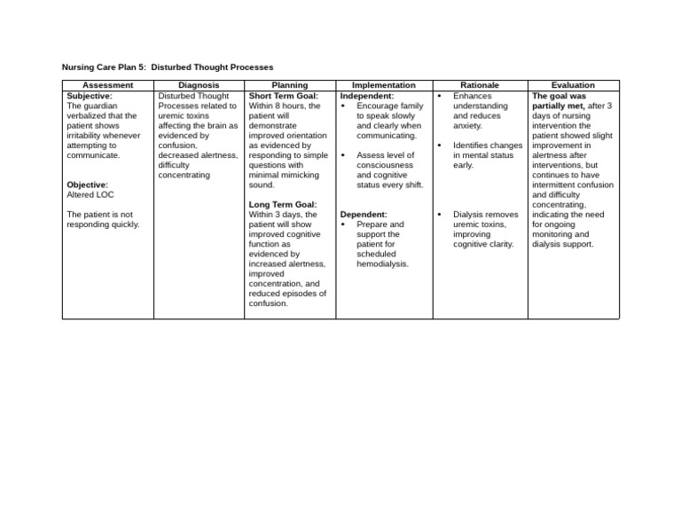 Nursing Care Plan: Disturbed Thought Processes | PDF | Hemodialysis ...
