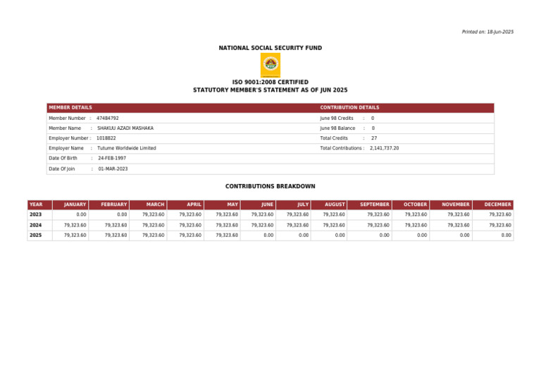 Member Statement: NSSF Contributions 2025 | PDF