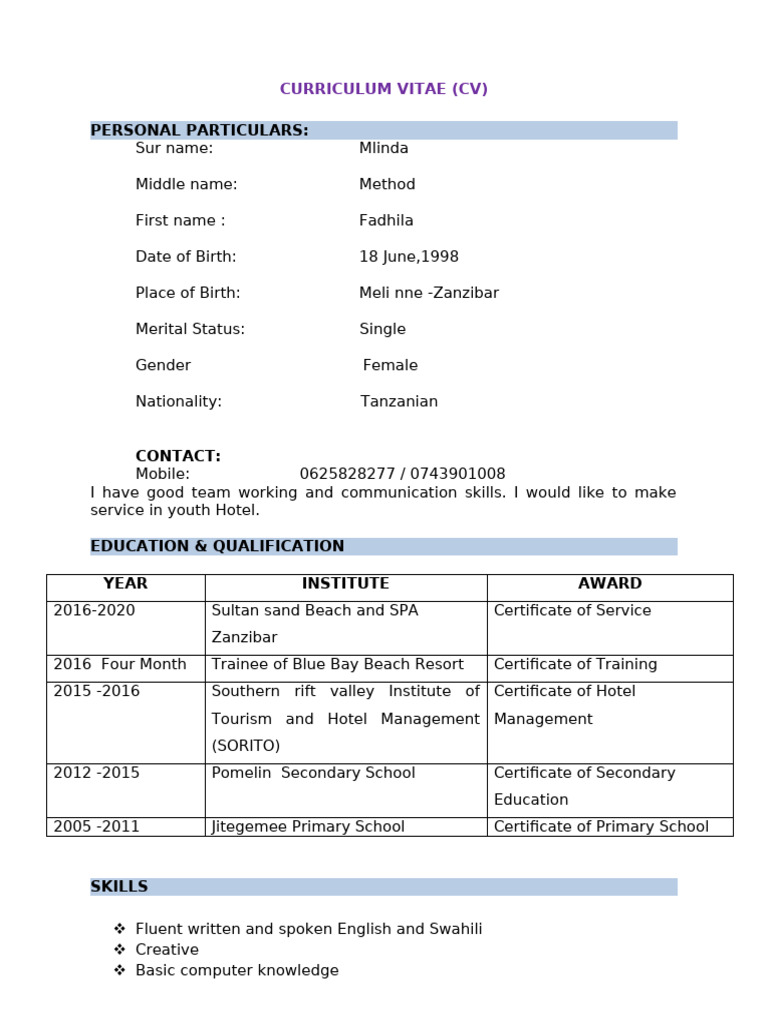Tanzanian Hospitality CV of Fadhila Mlinda | PDF