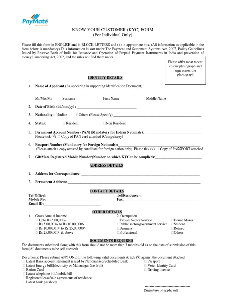 Know Your Customer (Kyc) Form (For Individual Only) | PDF | Identity ...